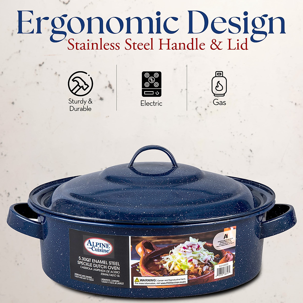 Alpine Cuisine Enamel Steel Dark Blue Speckle Dutch Oven 5.3 Quart - Non-Stick Coating Dutch Oven Pot with Lid & Eco-Friendly Carrying Handles, Multi-Purpose Cookware Pot for Baking, Roasting