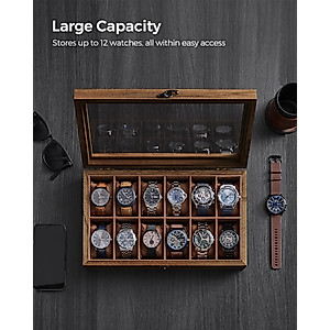 SONGMICS Watch Box, 12-Slot Watch Case, Solid Wood Watch Box Organizer with Glass Lid, Watch Display Case with Removable Pillows, Gift for Loved Ones, Rustic Walnut UJOW120K01
