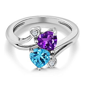 Gem Stone King 925 Sterling Silver Purple Amethyst Swiss Blue Topaz Ring For Women (1.63 Cttw, Heart Shape 6MM, Gemstone February Birthstone, Available In Size 5, 6, 7, 8, 9)
