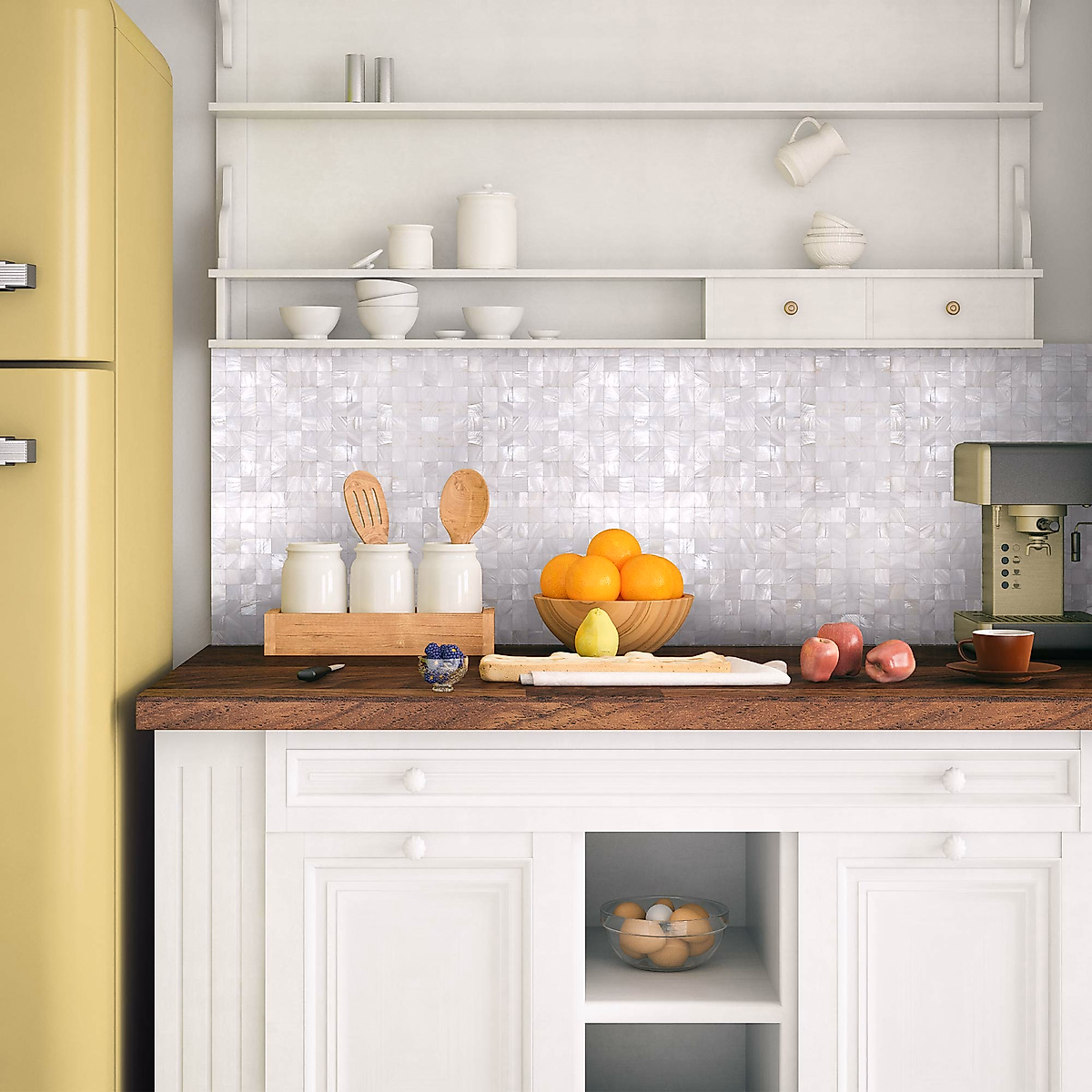 KASARO Peel and Stick Backsplash Shell Tiles, Mother of Pearl Mosaic Self Adhesive Tiles for Kitchen Wall Bathroom Bedroom Decor, White, 10-Sheet