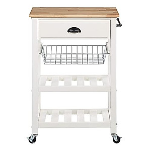 OS Home and Office Furniture Model HMPNW-11 Hampton Kitchen Cart in White with Solid Rubberwood Top