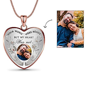 Personalized Memorial Photo Heart Necklace: Silver Customzied Your Own Picture Memory Snake Chain Pendant, Gift for Couples Mother's Father's Valentines Day (ready wings)