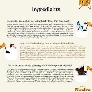 Made by Nacho Wet Cat Food Variety Pack, Cage-Free Chicken, Sustainably Caught Salmon, Grass-Fed Beef with Bone Broth for Extra Hydration, (12) 3 oz Pouches