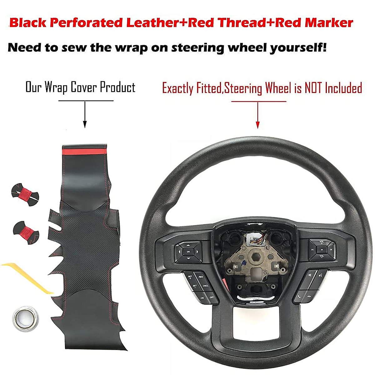 Black Side Perforated Leather Red Marker Steering Wheel Protector Cover Hand-Stitch on Wrap Fit For Ford F-150 F250 King Ranch/Lariat/XL/XLT/Limited/Platinum/Police Responder 2015-2020 (Black Leather)