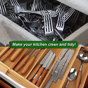 BIGTREE Bamboo Cutlery Expandable Drawer Organizer, Silverware Tray Organizer, Recessed Dividers, Wooden Drawer Divider Organizer, Adjustable Size to 15.35 x 14.17 x 1.97 Inches for Kitchen Utensils.