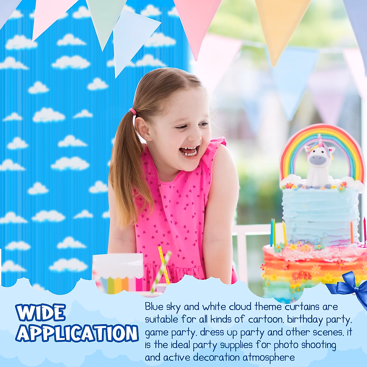 XunYee 3 Pack Blue Sky White Clouds Birthday Party Supplies, Clouds Theme Tinsel Foil Fringe Curtains Toy Party Supplies, Cartoon Story Backdrop for Baby Shower Birthday Party Decorations