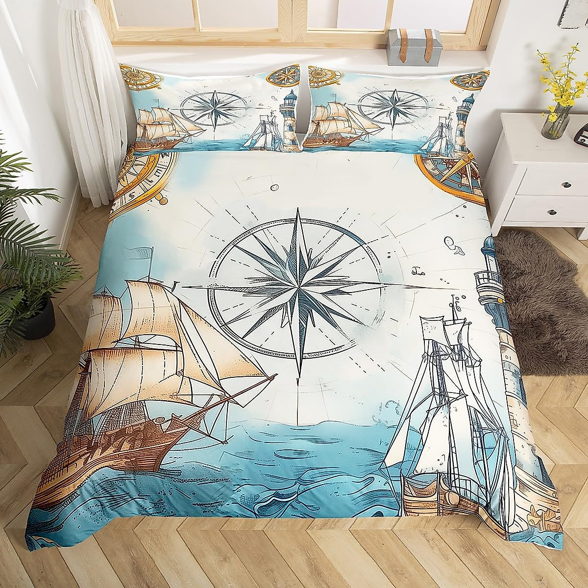 Nautical Sailboat Duvet Cover King Size,Compass Rudder Bedding Set,Kids Boys Girls Teens Adults,Sea Adventure Ocean Map Comforter Cover Sketch Navy Blue Beige Quilt Cover,1 Pillowcase(Not Comforter)