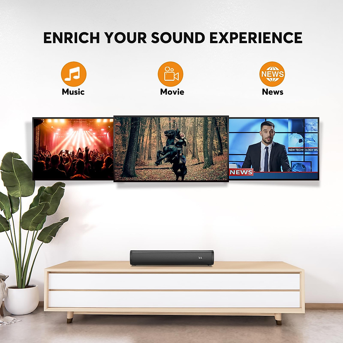 Wohome 2.1 Small Sound Bars for TV, Built-in Subwoofer with 6 Levels Voice Enhancement, 16 Inches Bluetooth 5.3 Soundbar Speakers with Optical/AUX/USB Connection (Renewed)
