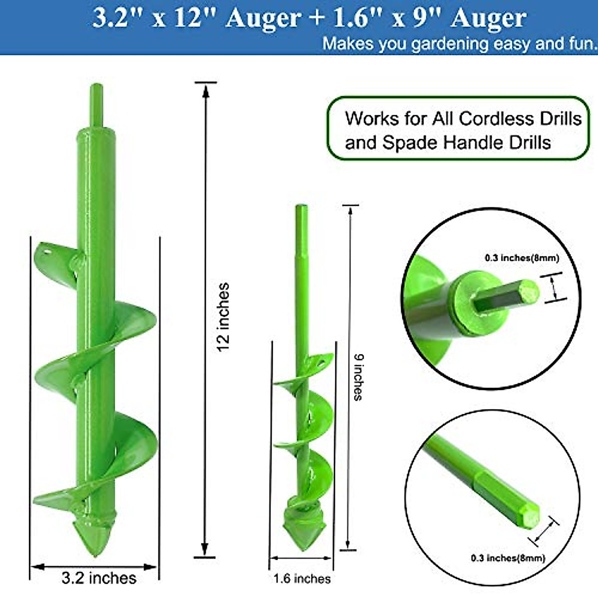 Garden Auger Spiral Drill Bit for Planting, Bulb Planter Tool Drill, Auger Post Hole Digger, Used to Dirt/Hard Soil/Clay for 3/8" Hex Driver Drill, 2 Sizes of 12 in x 3.2 in and 9 in x 1.6 in