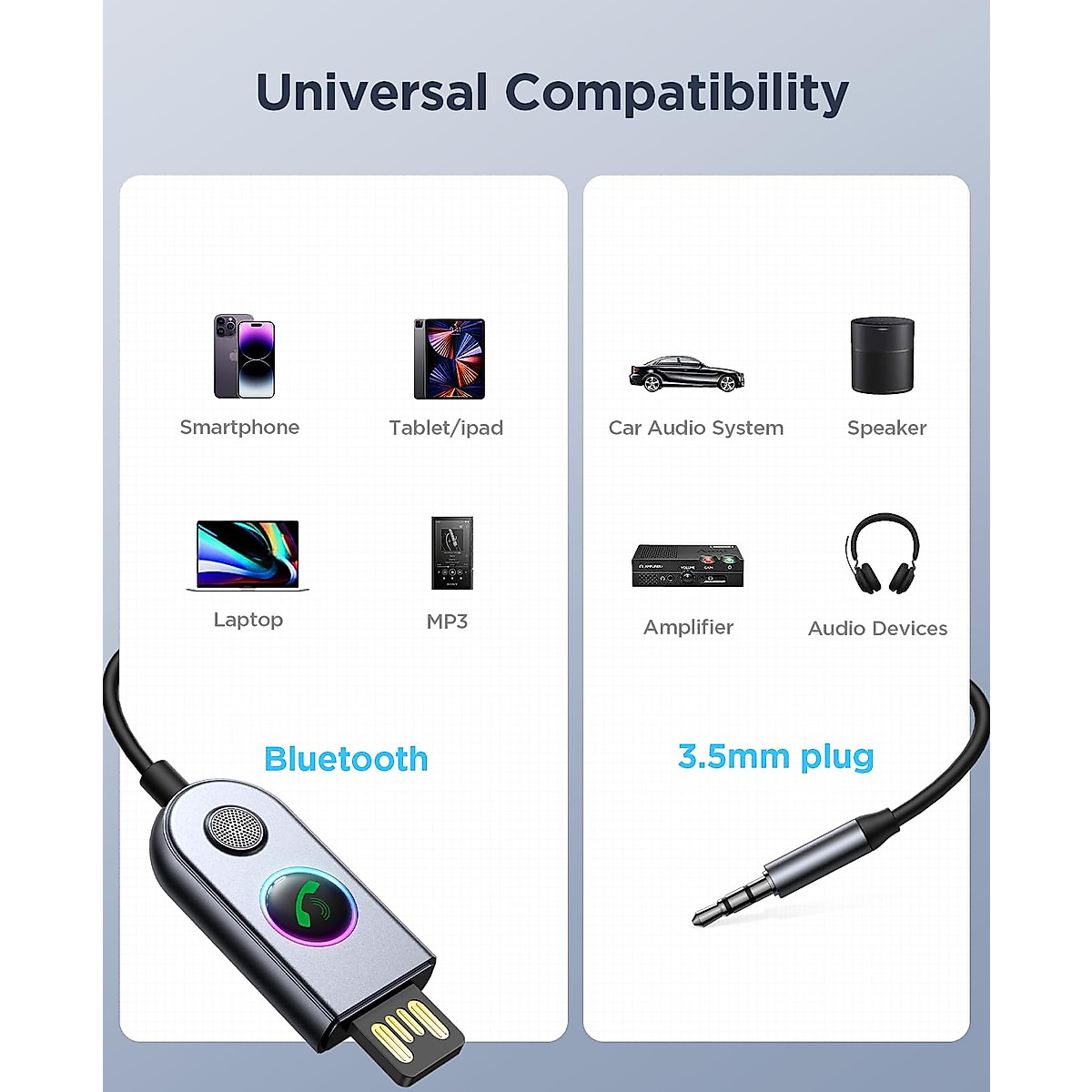 JOYROOM Bluetooth 5.3 Car Adapter [ENC Noise Cancellation] AUX Bluetooth Receiver for Car 3.5mm Jack Kit with Built-in Microphone Aux Input for Car Speaker/Hands-Free Call/Home Stereo/Wired Headphones