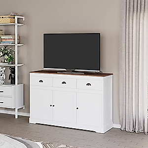 Keyluv White Buffet Cabinet Storage Kitchen Cabinet Sideboard Farmhouse Buffet Server Bar Wine Cabinet with 3 Drawers & 3 Doors Adjustable Shelves Console Table for Dining Living Room Cupboard