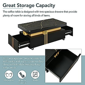 Merax Contemporary Coffee Table with Faux Marble Tabletop, Caster Wheels, and Gold Metal Bars for Living Room, 39.3 inch Length, Black