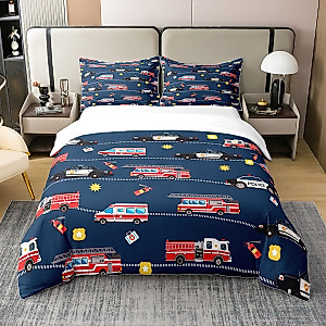 Fire Truck Door Duvet Cover 100% Cotton Queen SizeCartoon Car Bedding Cotton Duvet Cover Set Police Car Bedding Set Firefighter Comforter Cover Set Firemen Car Vehicle Red Black Blue Bedspread Cover