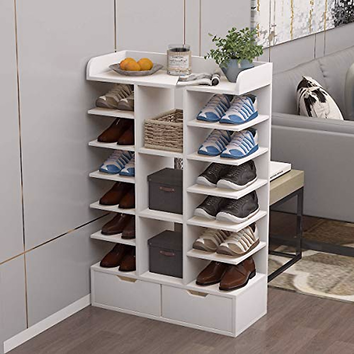 ZOYO Wooden Vertical Shoe Rack,Hallway Storage Stand,Wooden Shoe Storage Cabinet，Saving-Space Shoe Rack,Small Space Storage Rack for entryway ,White(Medium)