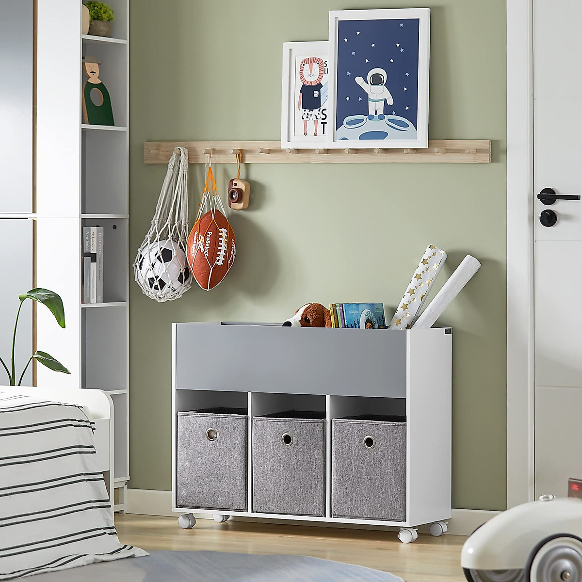 Haotian Kids Toy Storage Organizer Cart, Bookshelf with 3 Baskets & Wheels Children Toddlers Bookcase Playroom Nursery, Grey, KMB61-HG