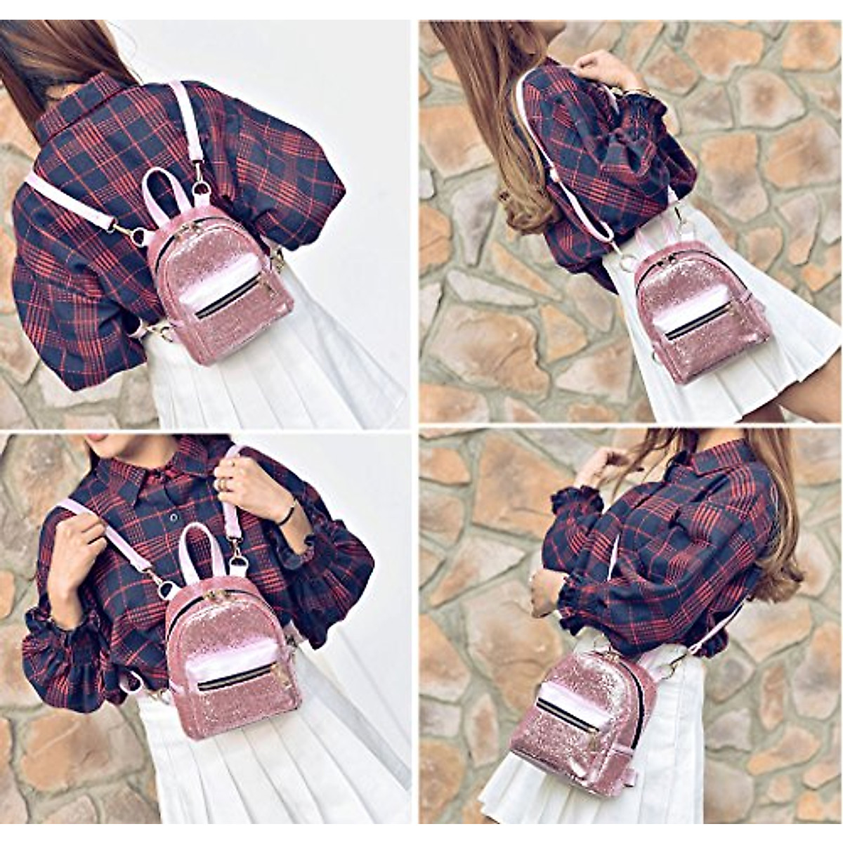 Girls Cute Sequin Mini Backpack Leather Purse Women Backpack Leather Cross Body Bag Pink
