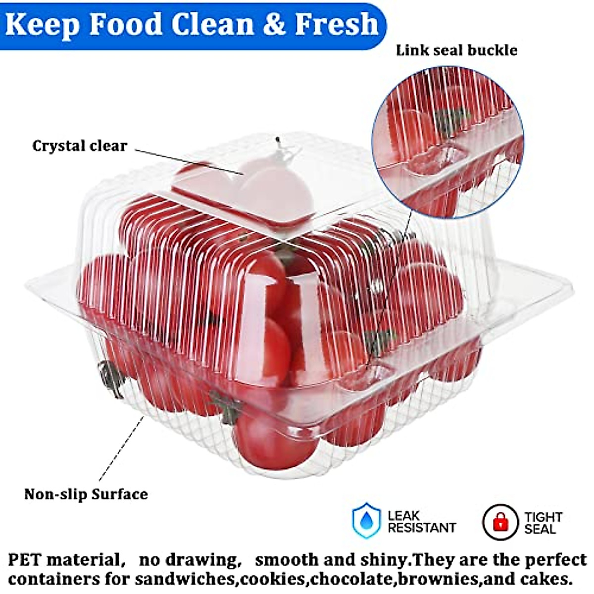Clamshell Food Containers 50pcs Clear-Hinged Plastic Containers, Durable Dessert Containers for Cakes, Sandwiches, Salad and Fruits, Stackable Clear To Go Plastic Containers Keep Your Food Fresh