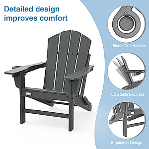 Mdeam Folding Adirondack Chair Set of 4, Adjustable Backrest, Fire Pit Chairs with Cup Holder, HDPE All Weather for Patio Lawn Deck Campfire Garden Outdoor, Grey
