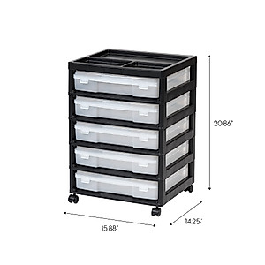 IRIS USA 5 Drawers Scrapbook Plastic Rolling Storage Cart with Organizer Top with Casters,Black