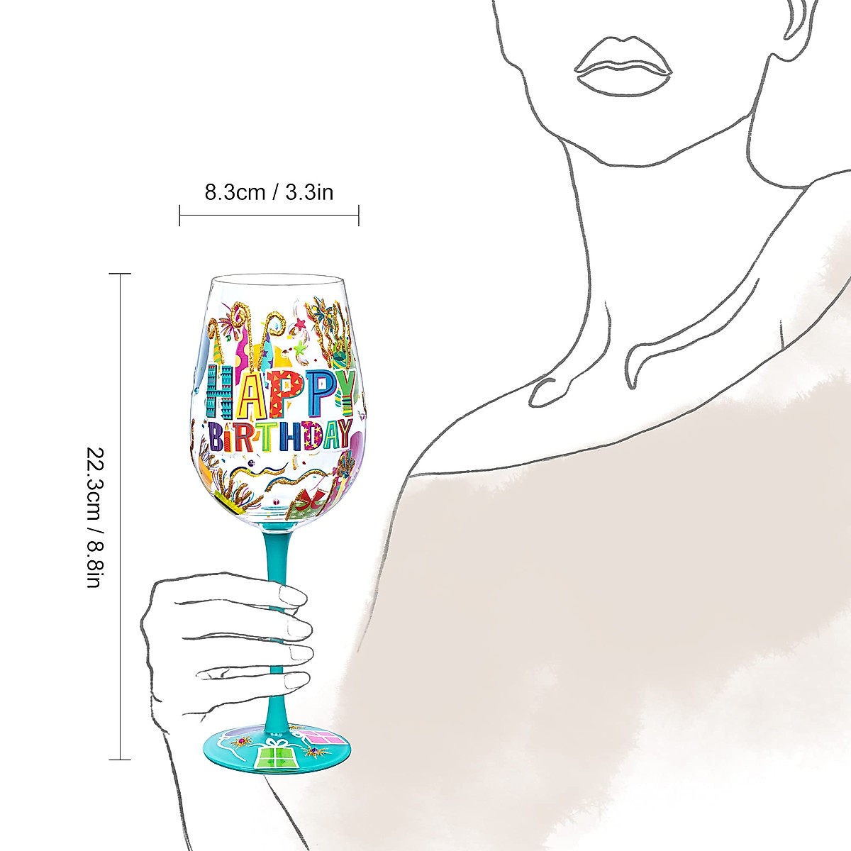 NymphFable Hand-painted Wine Glass Happy Birthday Artisan Painted 15oz Personalised Gift for Birthdays