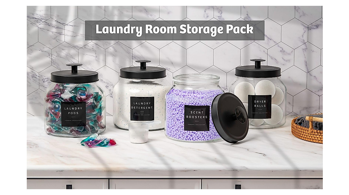 Laundry Room Organization Set | 4 Glass Containers with Labels & Scoops