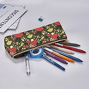 Ykklima Mushrooms Pattern Leather Pencil Case Zipper Pen Makeup Cosmetic Holder Pouch Stationery Bag for School, Work, Office
