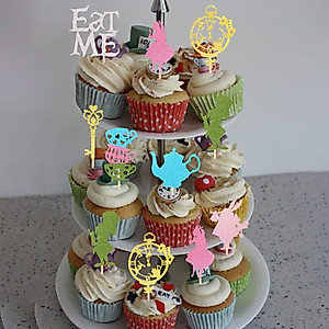 24 PCS Alice In Wonderland Cupcake Toppers Glitter Bowl Key Clock Fairy Eat Me Cupcake Picks Tea Party Cake Decorations for Baby shower Kids Boys Girls Birthday Party Supplies