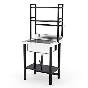 VINGLI 67"H Commercial Sink 304 Stainless Steel Sink with Adjustable Shelves and Hanging Rod with Hooks, Freestanding Utility Sink for Restaurant Kitchen Laundry Room Garage, Bowl Size 21"Wx16"Dx9"H