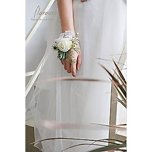 Floroom Ivory Rose Wrist Corsage Wristlet Band Bracelet and Men Boutonniere Set for White Wedding Flower Accessories Prom Suit Decorations