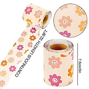 Whaline 196.8ft Boho Bulletin Board Borders Daisy Flower Checked Die-Cut Bulletin Board Stripes Retro Groovy Rolled Bulletin Board Trim for School Classroom Office Chalkboard Decoration, 6 Rolls