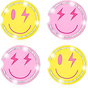 4 Pcs Preppy Car Cup Holder Coasters Pink Bling Car Coasters with Finger Notch Ceramic Cork Base Cute Car Drink Coasters Aesthetic Car Auto Accessories for Women Girl College Student Anti Slip
