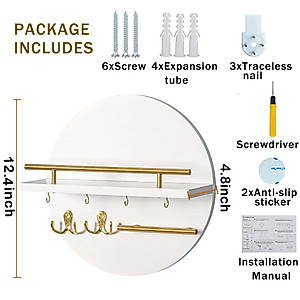 Key Holder for Wall Decorative with Shelf and Hooks, Mail Organizer Wall Mount with Sunglasses Holder, Circular Design Entryway Key Rack Hanger, Rustic Home Decor Boho Wall Decor (White)