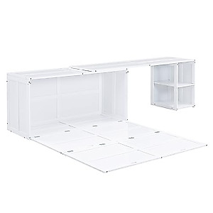 Murphy Cube Queen Cabinet Bed with Rotable Desk and Storage Shelves, Wood Foldable Floor Queen Size Bed Frame for Home Office Studio, White