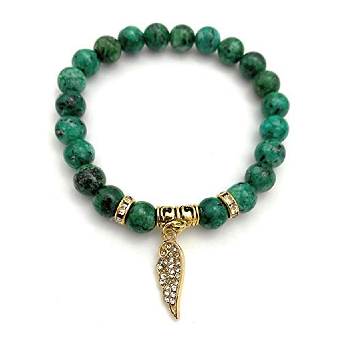 Smiling Wisdom - Angel Wing Appreciation Kindhearted Thank You Keepsake Greeting Card and Stretch Stone Bracelet - Green Rain Flower Stones - 7.5 inches Medium