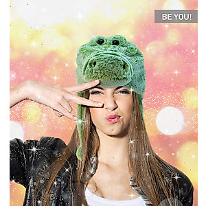 DolliBu Alligator Plush Hat - Soft Stuffed Animal Winter Hat, Novelty Alligator Hat with Cozy Fleece, Warm Fluffy Beanie, Funny Adults and Kids Hat with Ear Flaps For Halloween or Cosplay - One Size