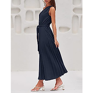 MEROKEETY Womens Sleeveless One Shoulder Pleated Belted Elastic High Waist Formal Midi Maxi Dress,Navy,M