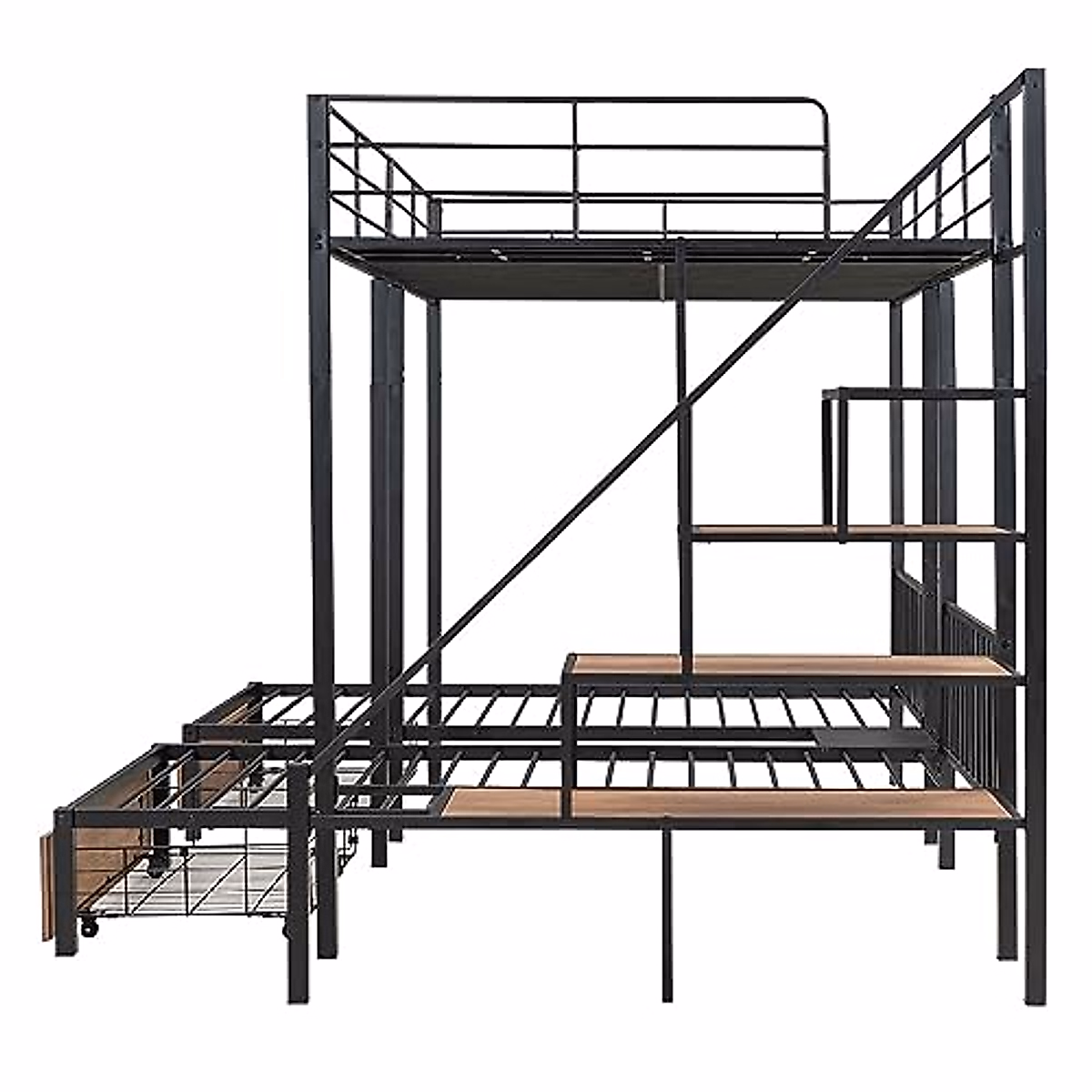 ATY L-Shaped Triple Bunk Beds with 2 Drawers, Full Over Twin & Twin Bunkbeds w/Storage Staircase, Metal Bedframe for 3 People, Save Space, Bedroom & Dorm Supplies, No Spring Required Needed, Black