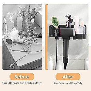 Hair Dryer Holder Wall Mounted - Bathroom Hair Tools Organizer with Hooks and Cup for Blow Dryer and Hair Straighteners - Bath Supplies Tray Stand Makeup Toiletries Storage Bracket for Space Saving