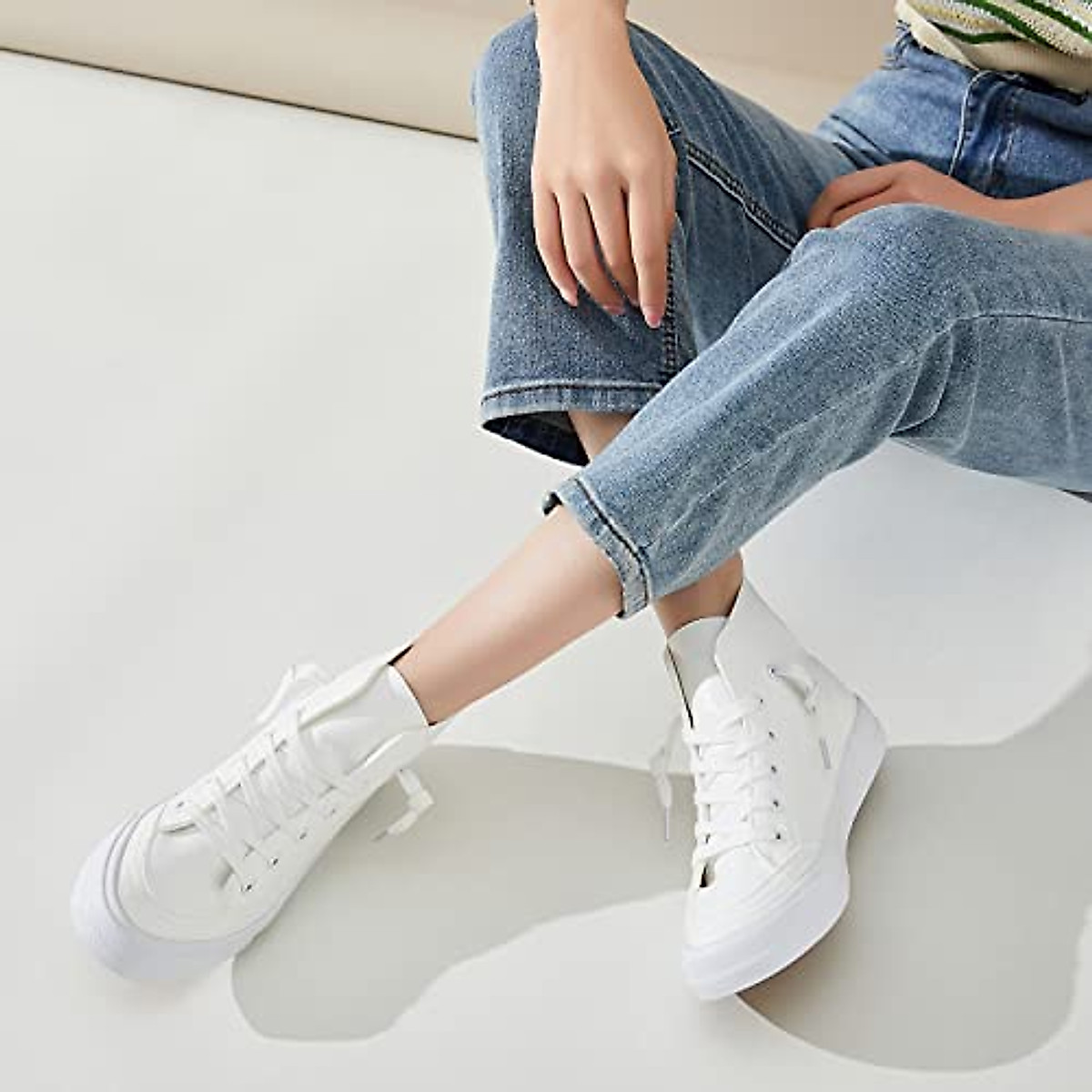 Moudki PU Leather High Top Sneakers for Women, Black and White Casual High Top Shoes, Lace up Women's Fashion Sneakers (Water Resistant)(White,US10.5)