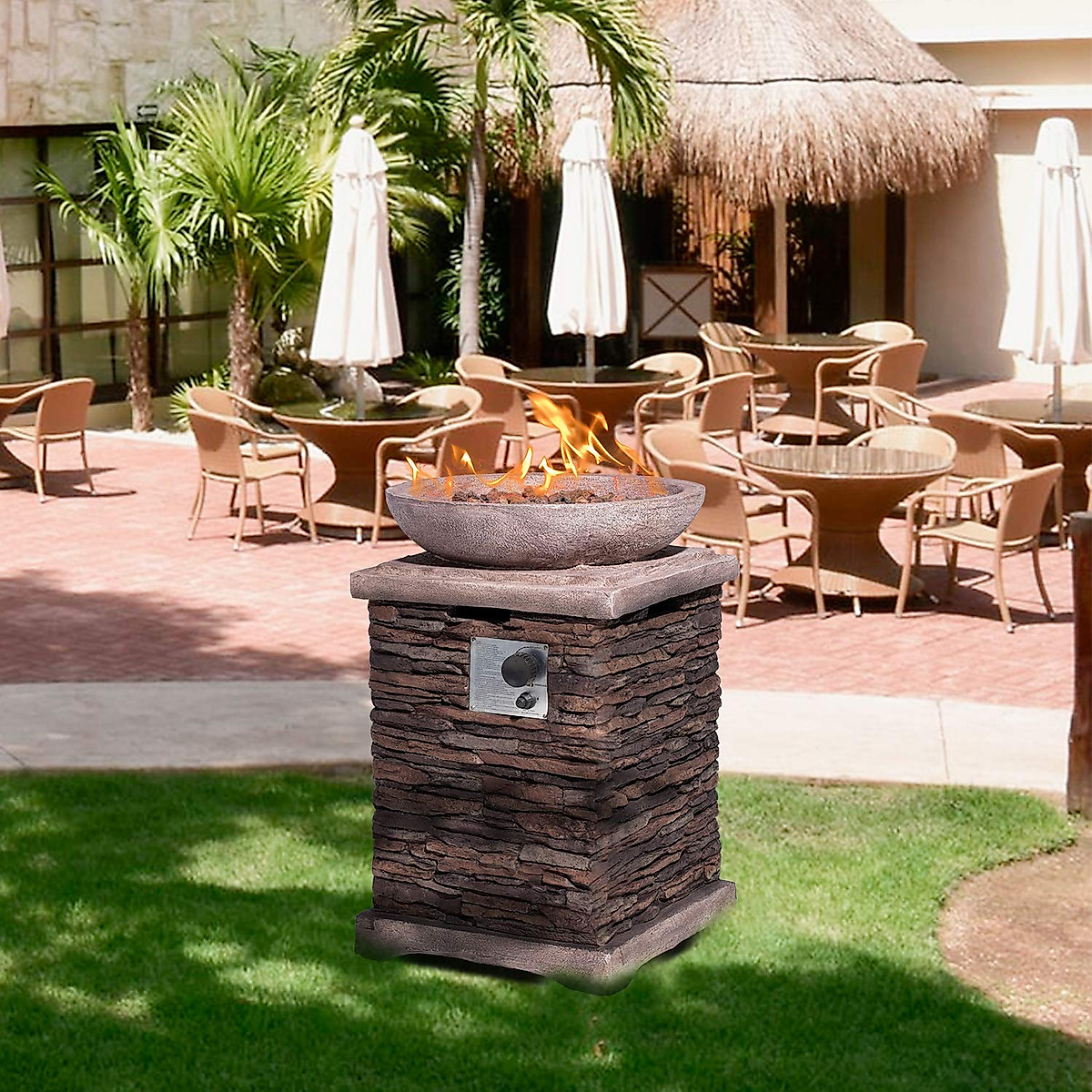 AQUILLA Propane Gas Fire Pit, Stone Imitation Surface, Outdoor 40000 BTU Heater w Free Lava Rocks and Rain Cover, Can Fits 20 Gal Propane Tank (exclud) Inside for Garden, Poolside, Backyard