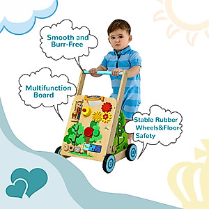 Wooden Baby Walker, Activity Walker, Toddler Push Walking Toy, Learning Activity Stroller, Sit to Stand Walker for Girls and Boys 1-3 Years Old