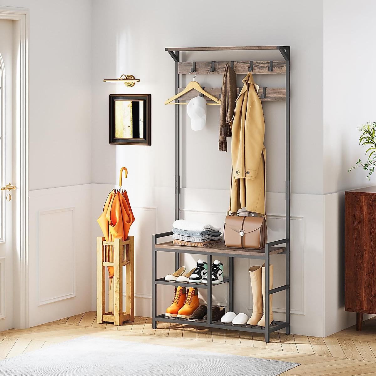 HOMEKOKO Coat Rack Shoe Bench, Hall Tree Entryway Bench with Storage, Wood Look Accent Furniture with Metal Frame, 3-in-1 Design (Dark Brown)