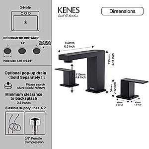 KENES Black Widespread Bathroom Faucet Matte Black 3 Hole Bathroom Sink Faucet 8-Inch, 2 Handle Bathroom Faucet Vanity Faucet with Lead-Free Supply Hose, KE-9050-2