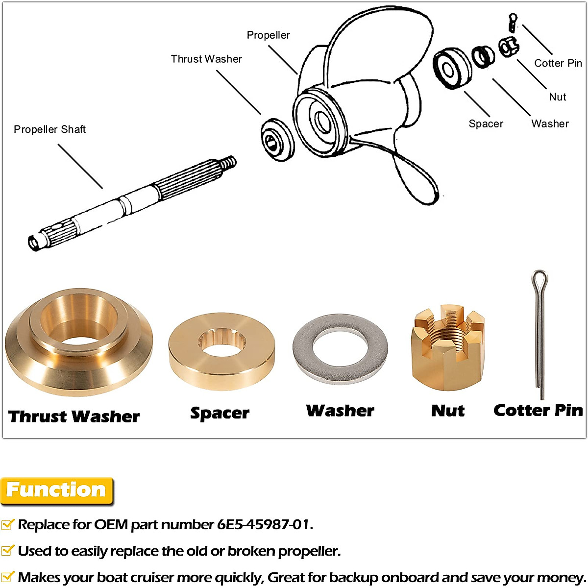 Outboard Upgrade Propeller Installation Hardware Tools Kit Fits for Yamaha Outboard 150-300 HP, Includes Thrust Washer, Spacer, Washer, Nut and Cotter Pin, Comparable to OEM Part Number 6E5-45987-01