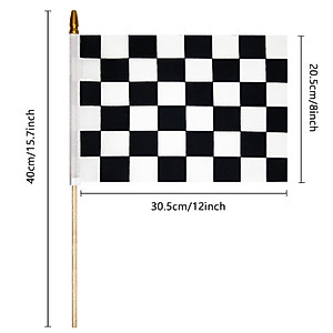 Uelfbaby 12Pcs 8x12 Inch Checkered Black and White Racing Flags NASCAR Flags on Stick, Formula One F1 Racing Flags Hand Held Stick Flags with Kid-Safe Spear Top, Children's Party Decoration