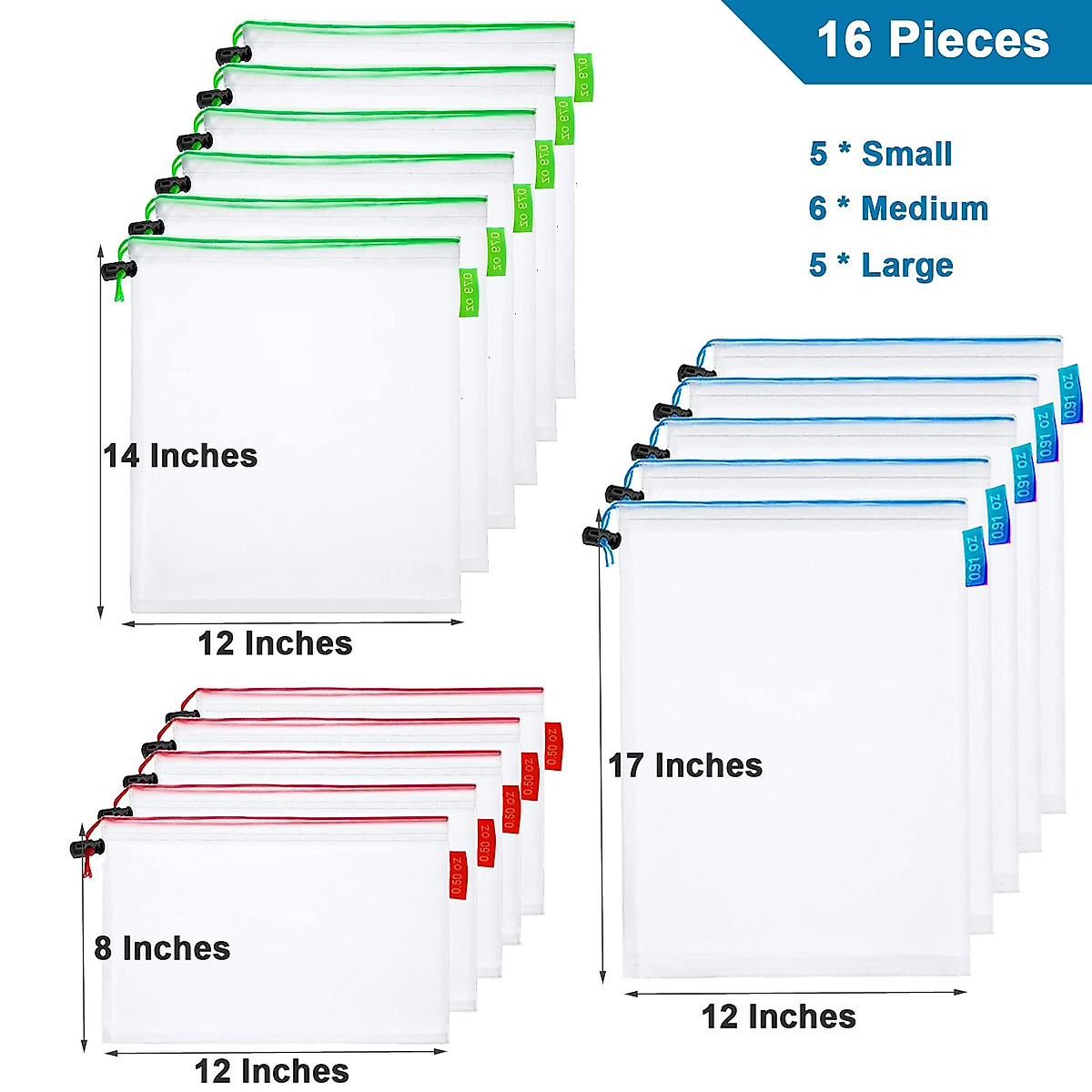 16 Pcs Mesh Small Toy Bags for Storage, 3 Sizes Reusable Mesh Drawstring Produce Bags Puzzle Bag for Kids Storage Playroom Organization, Fruits, Vegetable