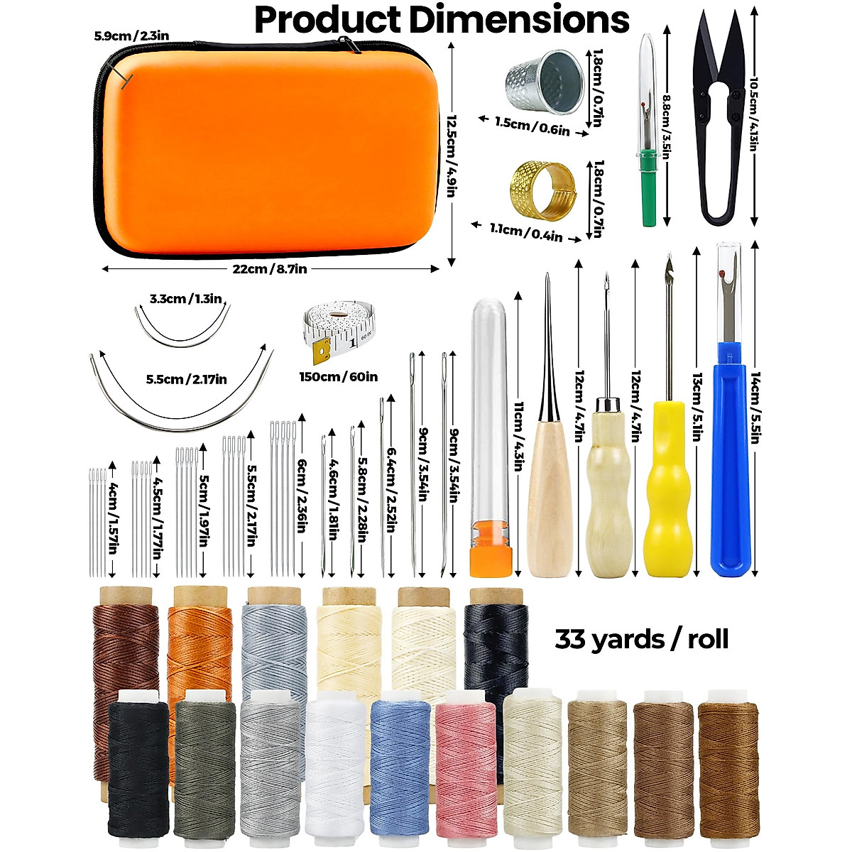 【Upgraded】Leather Upholstery Repair Kit: PLANTIONAL 60pcs Sewing Kit with Waxed and Upholstery Thread, Large-Eye Needle, 3 Sewing Awl, Heavy Duty Sewing Kit for Car Carpet Sofa Shoe Backpack Craft DIY
