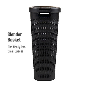 Mind Reader 40L Slim Laundry Hamper, Clothes Basket, Lid, Wicker Design, Plastic, 18"L x 10.4"W x 23.5"H, Black