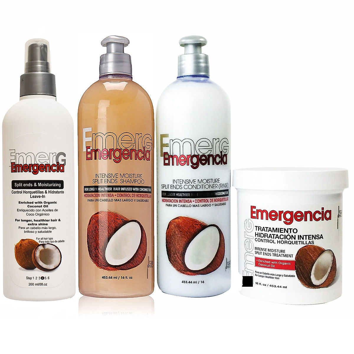 Toque Magico Emergencia Set 4 pack Coconut Shampoo, Rinse, Treatment, Leave-In