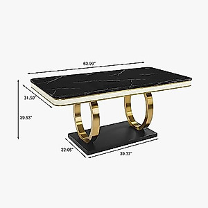 POVISON Dining Table, Black Modern Dining Table for 6, 63'' Rectangular Dining Table with Marble Top for Kitchen & Dining Room, with Unique Stable Luxury Pedestal